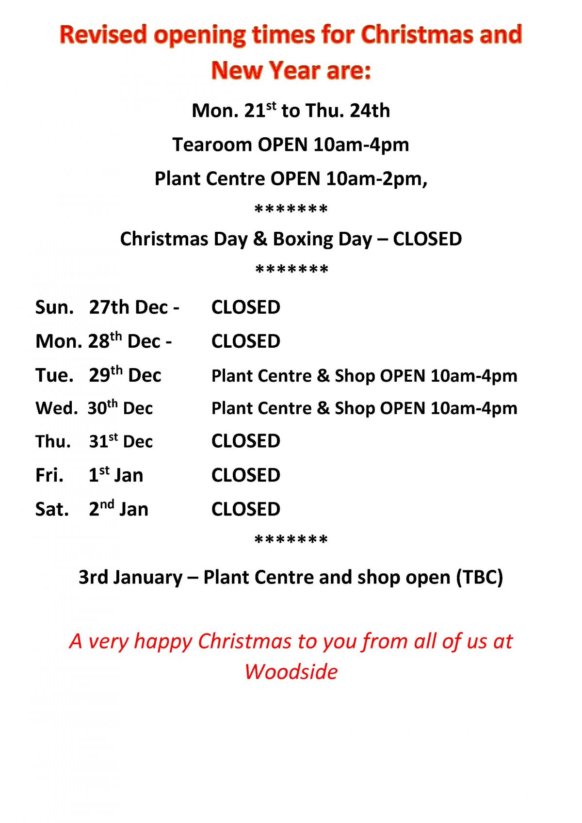 Christmas opening times poster 2020 | Woodside Garden